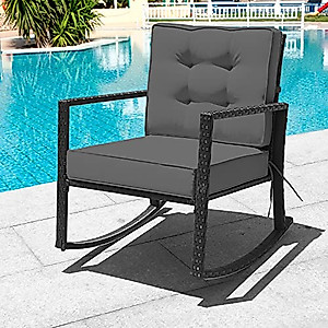 Tangkula Wicker Rocking Chair, Outdoor Glider Rattan Rocker Chair with Heavy-Duty Steel Frame, Patio Wicker Furniture Seat with 5” Thick Cushion for Garden, Porch, Backyard, Poolside (1, Gray)