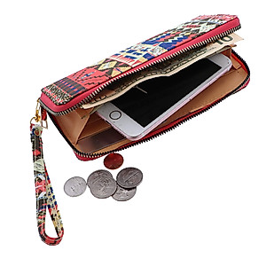 Wallet with Aztec Fabric Tribal Print Long Wallet Clutch - Coral Blue