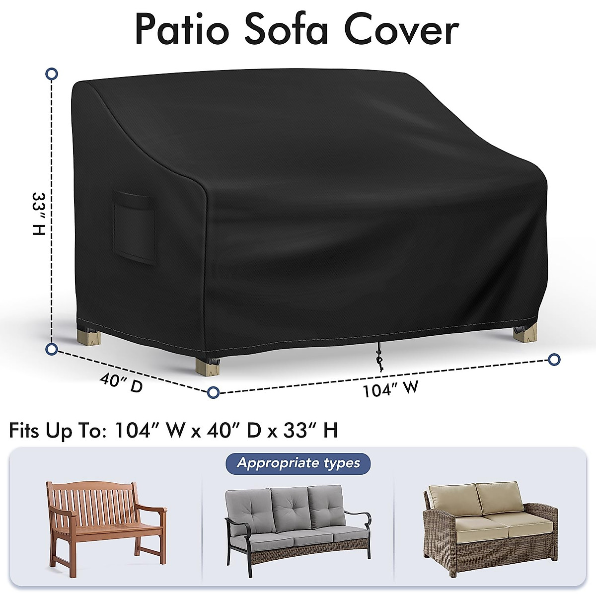 Richwon Outdoor Couch Cover Waterproof, 4-Seater Outdoor Sofa Cover, Patio Furniture Covers with Air Vent and Handles, 104W x 40D x 33H Inches, Black