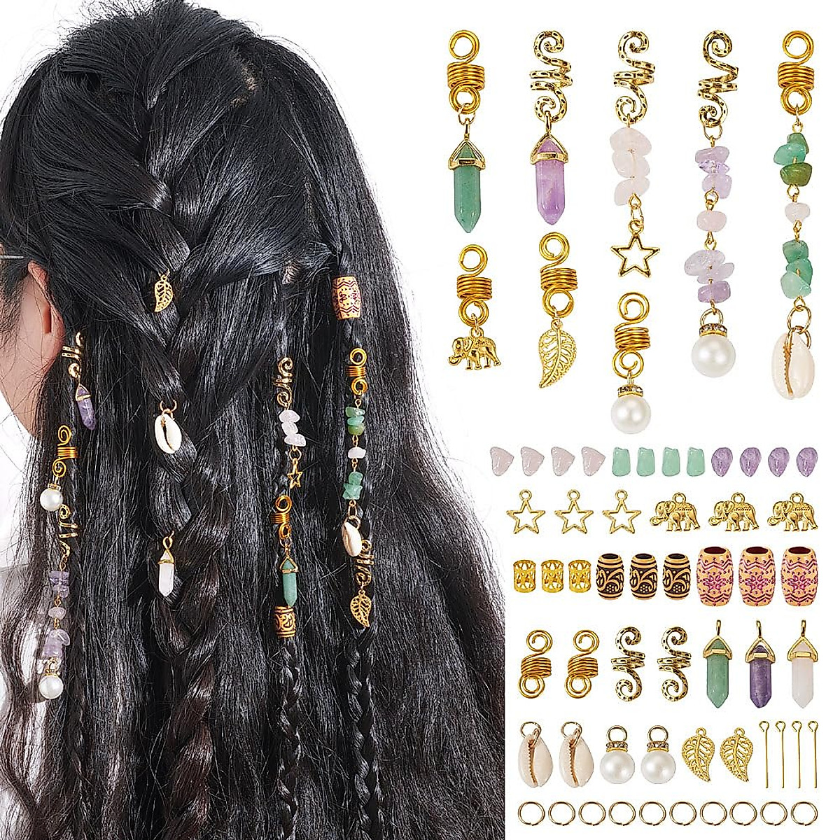 KISSITTY Hair Jewelry Beads Gem Charms for Braids Tibetan Style DIY Hair Dreadlocks Braiding Kit Gemstone Shell Hair Clips Coil Cuffs Accessories for Women Girl Hair Braids Decorations