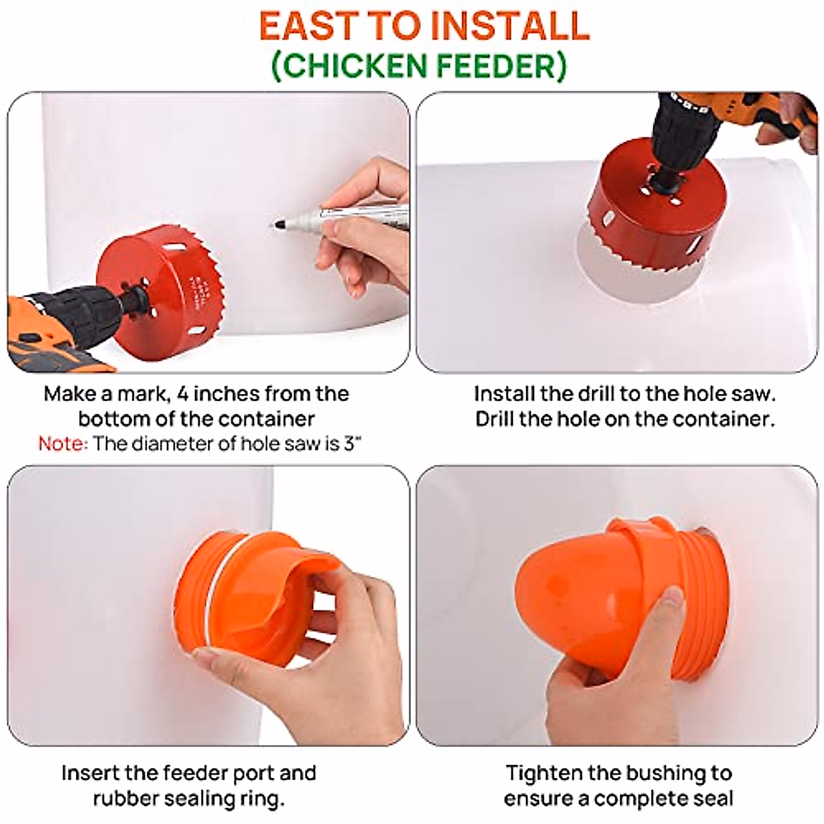 Diggtek DIY Automatic Chicken Feeders and Waterer Set No Waste, 6 Ports with 6 Chicken Water Nipples, Rain Proof Poultry Feeder Kit for Buckets,Barrels,Bins,Troughs
