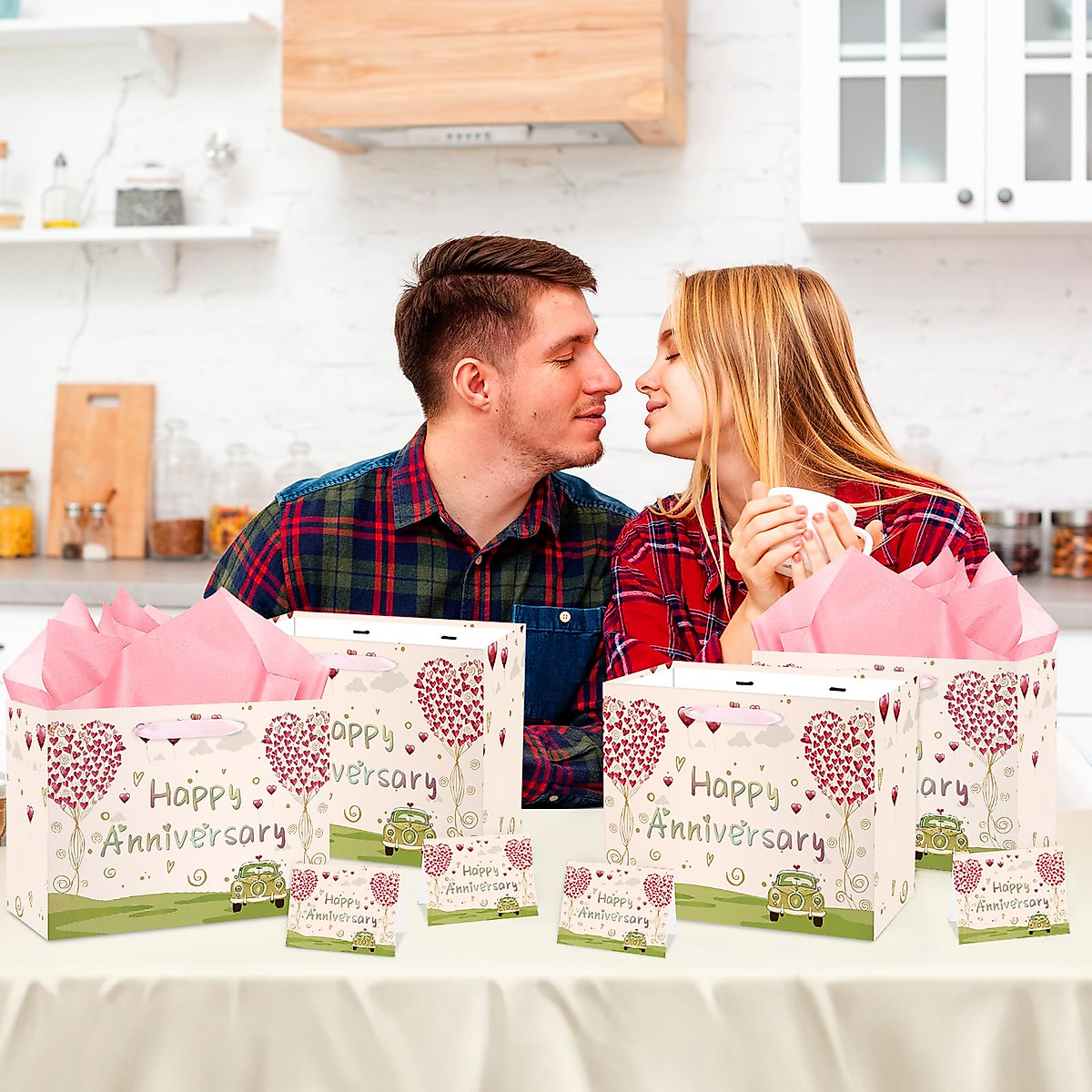 RUMIA Anniversary Party Gift Bag Wedding Anniversary Wrapping Paper Bag with Tissue Paper Greeting Card Happy Anniversary Party Gift Wrap for Women Wife Christmas Wedding Anniversary Party Supplies