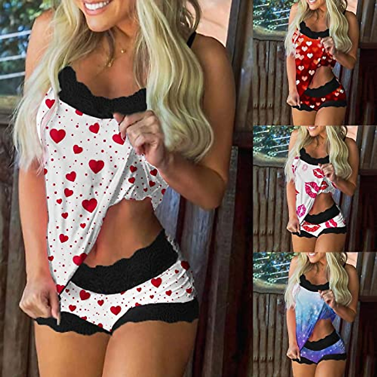 NOLDARES Lingerie for Women Lace Valentines Printed Sexy Lingerie for Women 2-Piece Pajamas Sleeveless Nightie Cami Sets