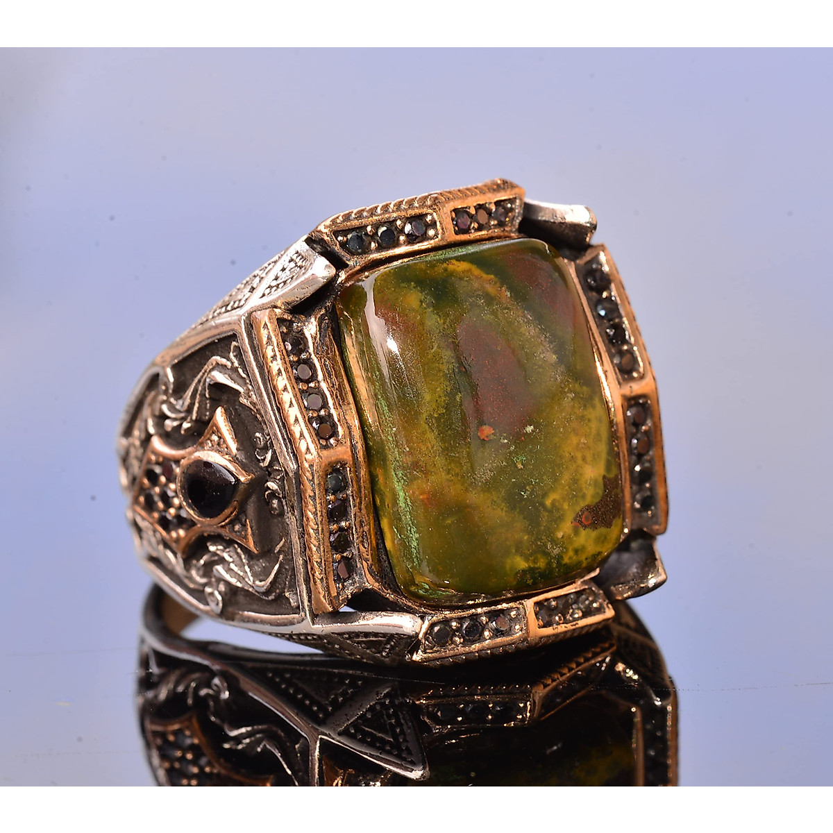 Genuine Bloodstone Gemstone Ring, 11.15 Carat, Sterling Silver Ring, Unique Custom Ring