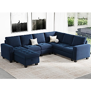 Belffin Modular Sectional Sofa Couch 7-Seater Convertible Sectional Sofa Velvet Modular Sectional with Storage Ottoman L Shaped Couch with Chaises Blue