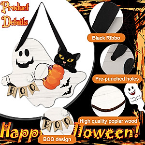 Amyhill Halloween Boo Decorations Wooden Ghost Hanging Sign 3D Black Cat Front Door Hanger Halloween Wreaths Spooky Welcome Sign for Halloween Indoor Outdoor Wall Home Porch Party Haunted House