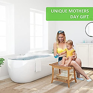 Bamboo Spa Bath Shower Bench Stool Seat with Storage Shelf Organizer Stool Bench Seat with Non-Slip Foot Shower Bath Seats