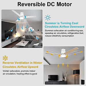 Flybull 52'' Ceiling Fans with Lights Flush Mount, Low Profile Ceiling Fans with Lights and Remote - 3 Blades, 6 Speed, Quiet DC Motor, Modern Ceiling Fan for Bedroom Porch