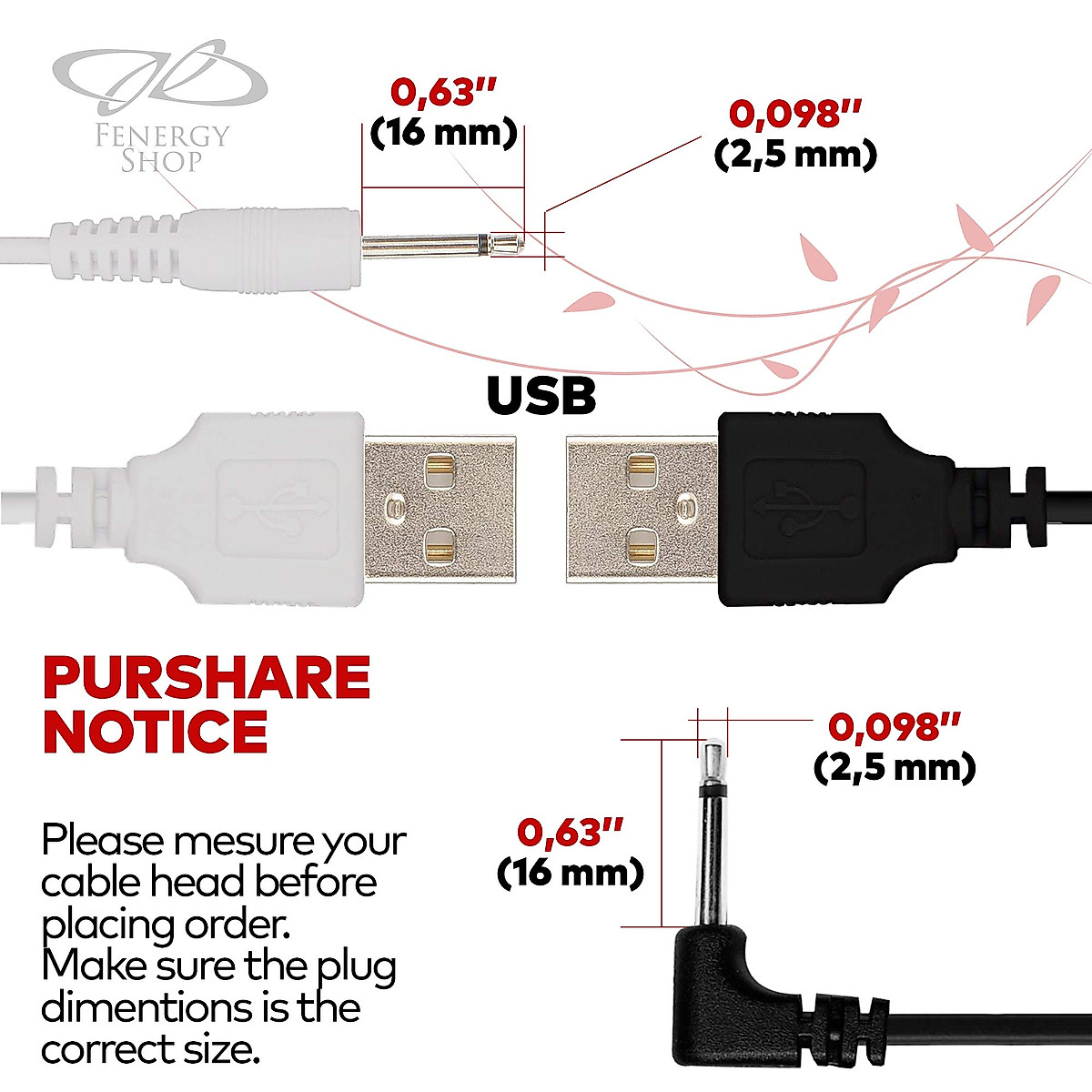 FENERGY SHOP Replacement DC Charging Cable Set | USB Charger Cords - 2.5 mm - Fast Charging