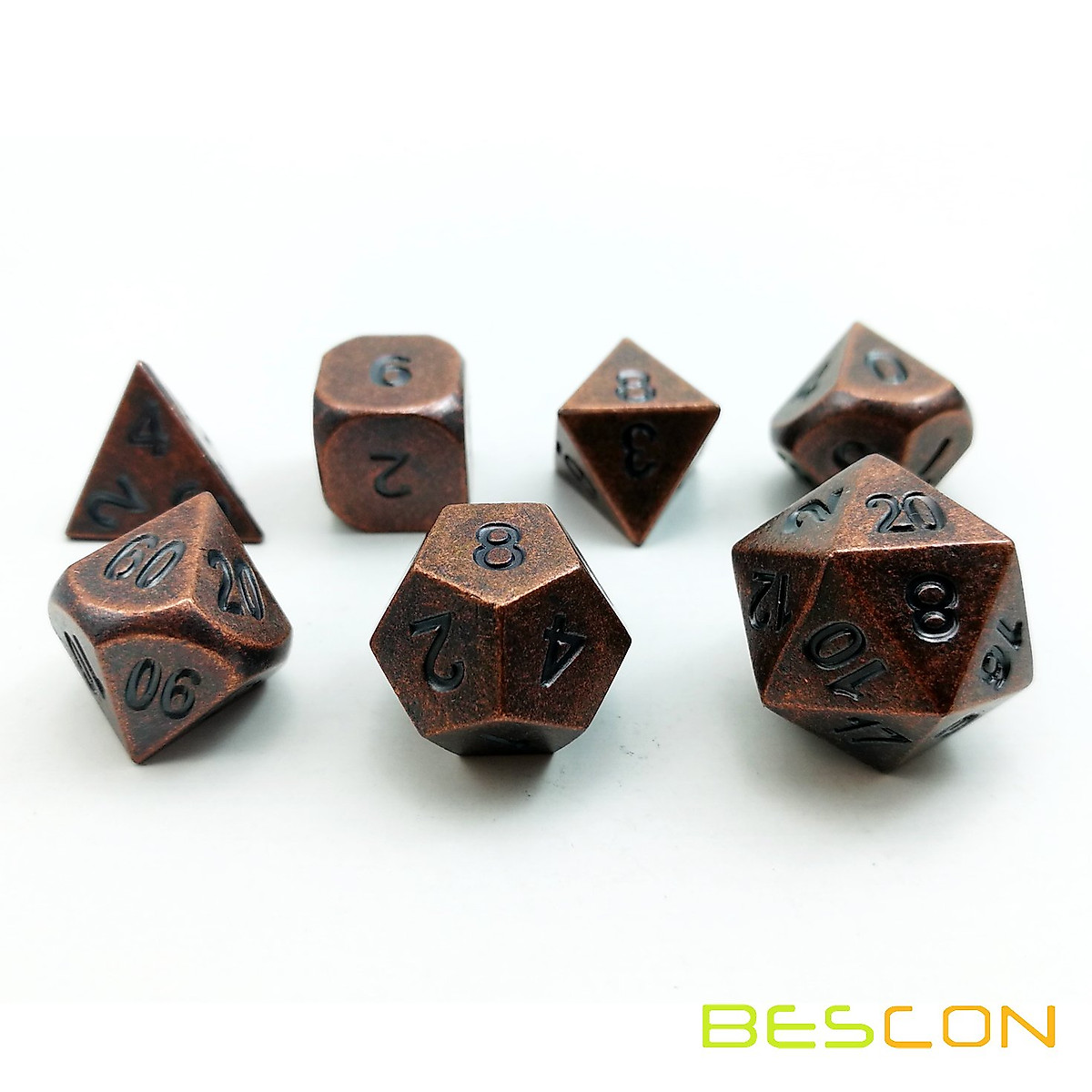 Bescon Antique Copper Solid Metal Polyhedral D&D Dice Set of 7 Old Copper Metal RPG Role Playing Game Dice 7pcs Set