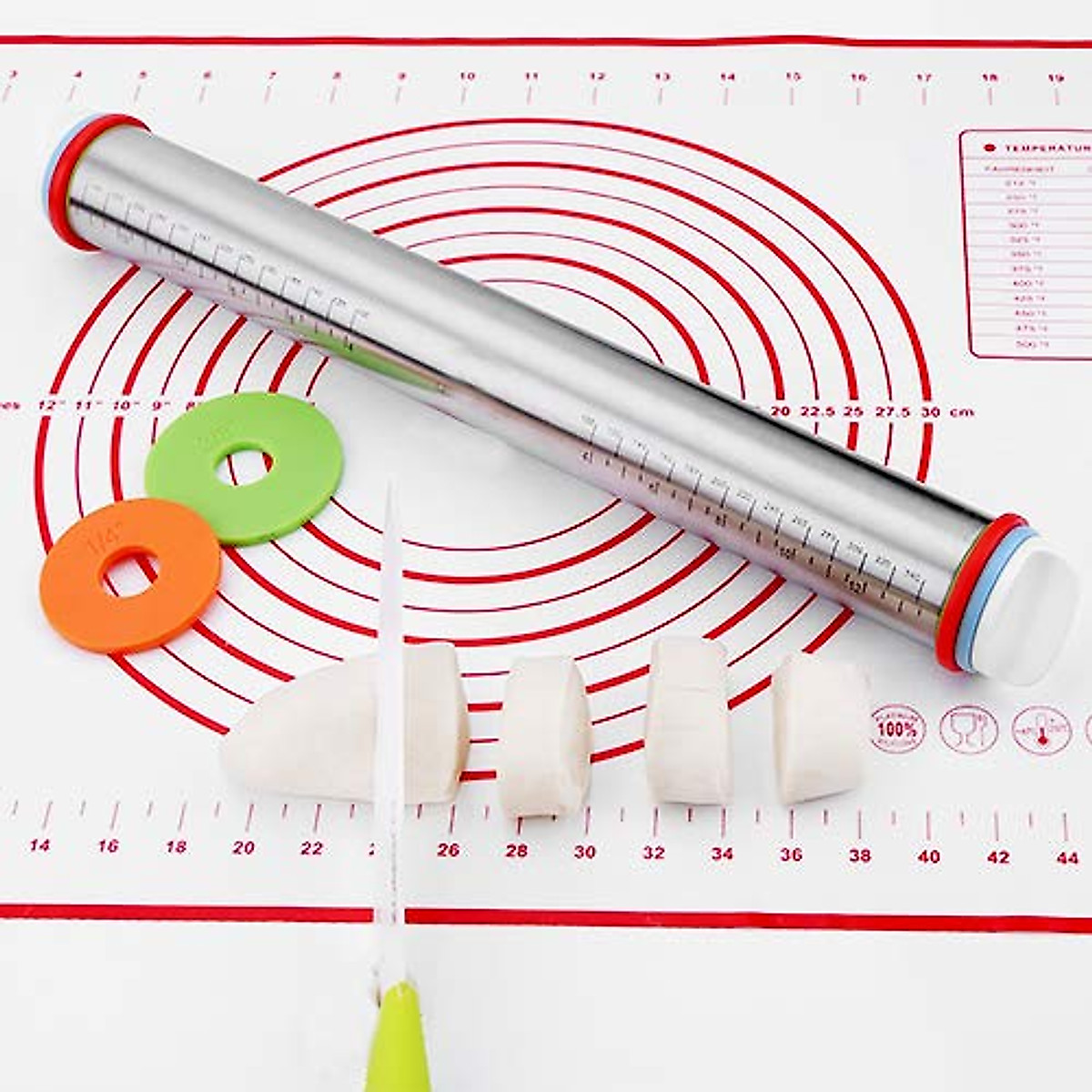 Rolling Pins, Stainless Steel Dough Roller, Rolling Pin and Silicone Baking Pastry Mat Set, Adjustable Rolling Pin with Thickness Rings for Baking Dough, Pizza, Pie, Pastries, Pasta, Cookies(Red)