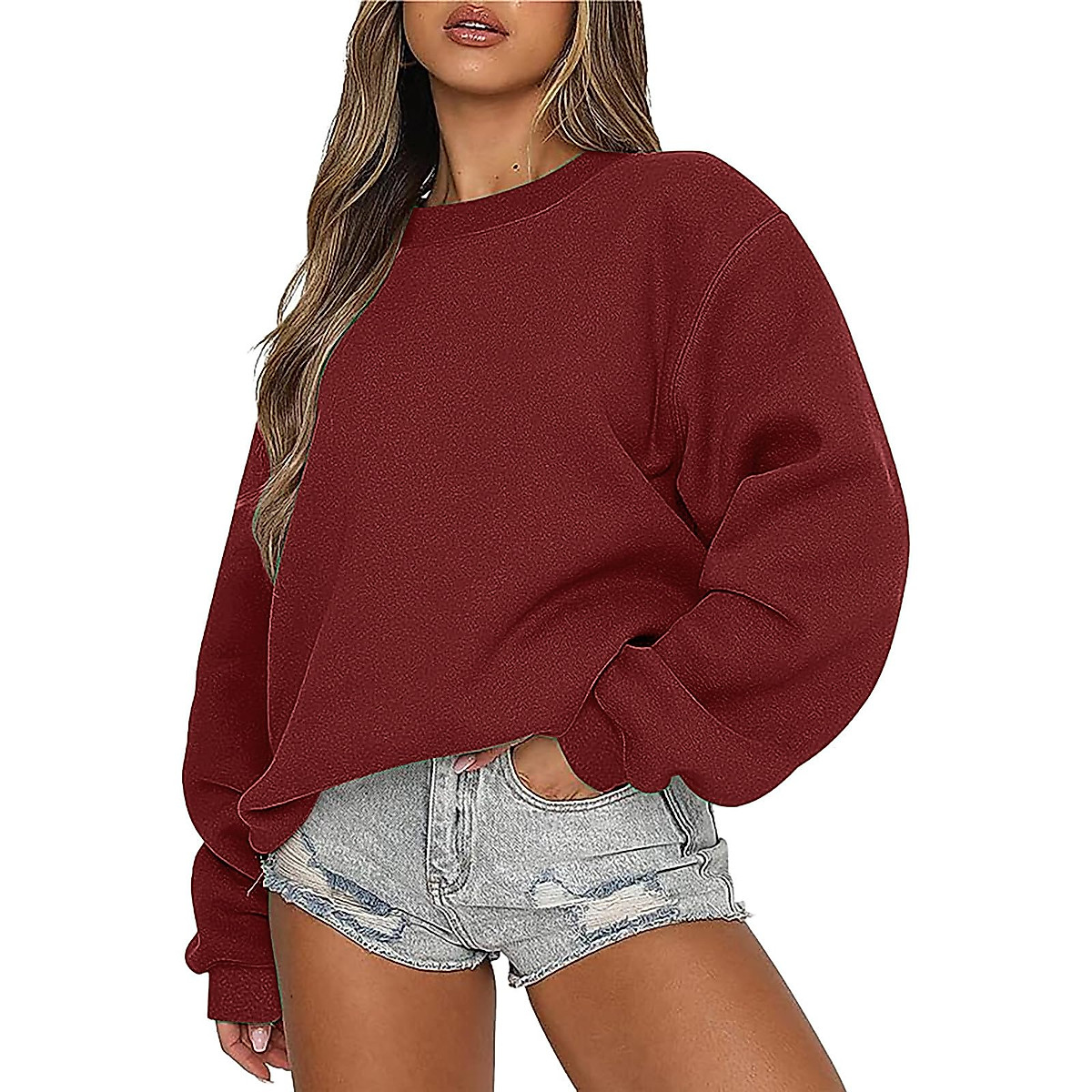 womens hoodie Women Oversized Sweatshirts Casual Crewneck Y2K Pullover Tops Long Sleeve Solid Loose Fit No Hood Baggy Hoodies Wine XX-Large