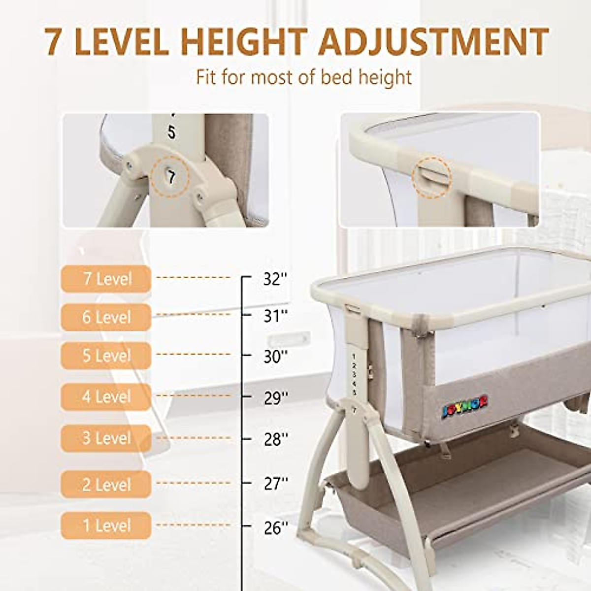 JOYMOR Bedside Sleeper Rocking Bassinet, Height Adjustable Breathable Net Bed Side Baby Cribs with Washable Mattress,Mosquito Net,Storage Basket for Infants, Beige