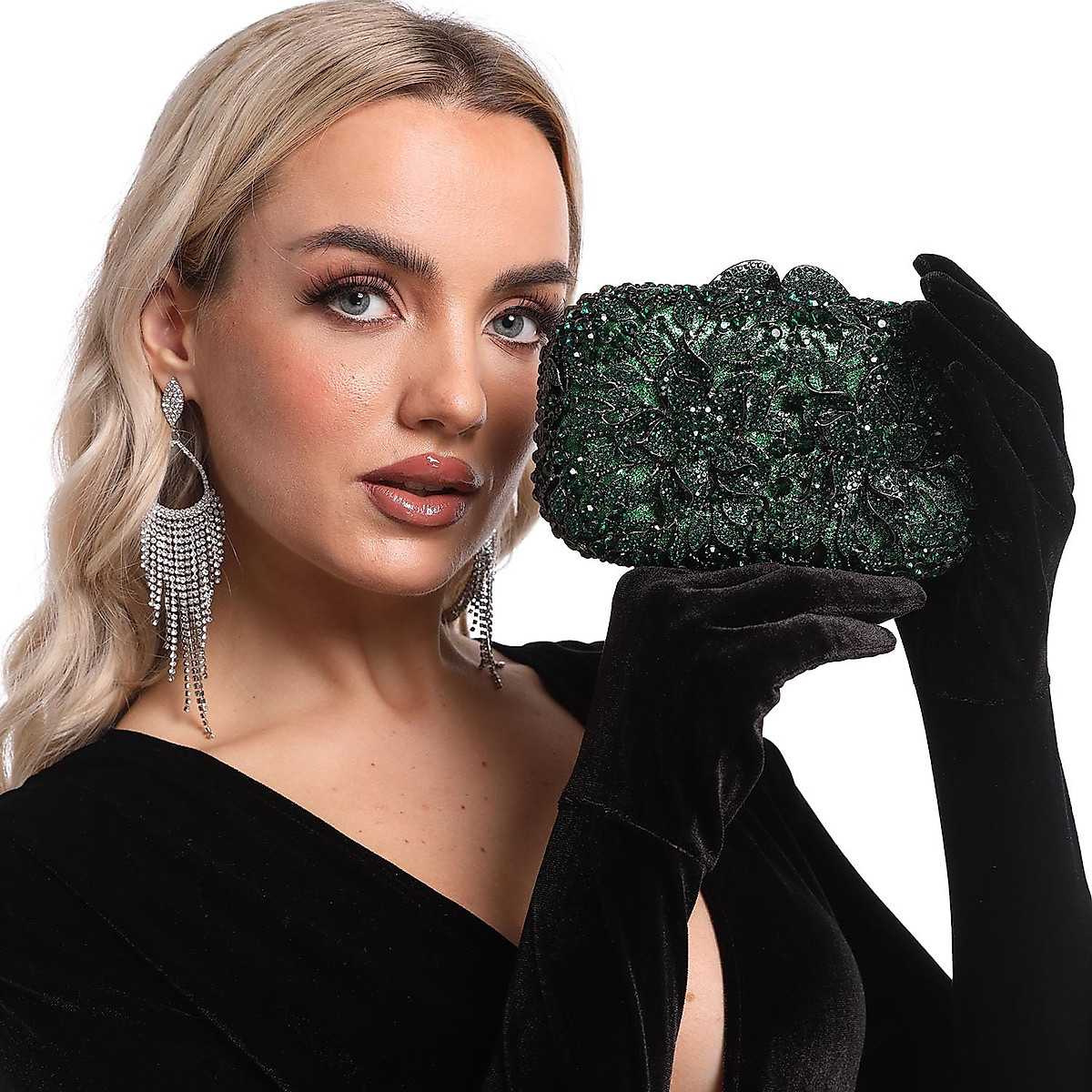 Boutique De FGG Double Flowers Women Crystal Clutch Evening Bags Wedding Party Rhinestones Handbags and Purses (Fit For Iphone 8, Green)