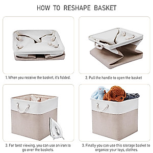 ISEMINGLA 13 x 13 Inch Storage Cubes,6 Pack Cube Storage Bins for Shelves，Fabric Collapsible Storage Bins with Handles, Foldable Storage Basket for Organizing Clothes, Toys, Books (White&Beige)