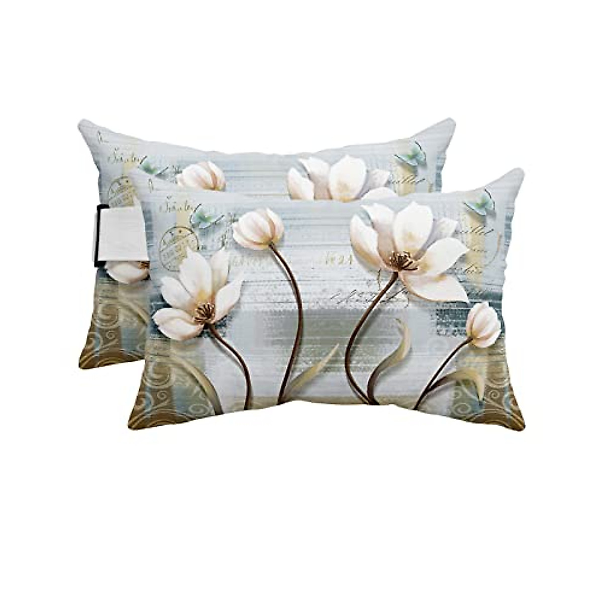 Recliner Head Pillow Ledge Loungers Chair Pillows with Insert White Tulip Flower Butterfly Vintage Postcard Lumbar Pillow with Adjustable Strap Outdoor Waterproof Patio Pillows for Beach Pool, 2 PCS