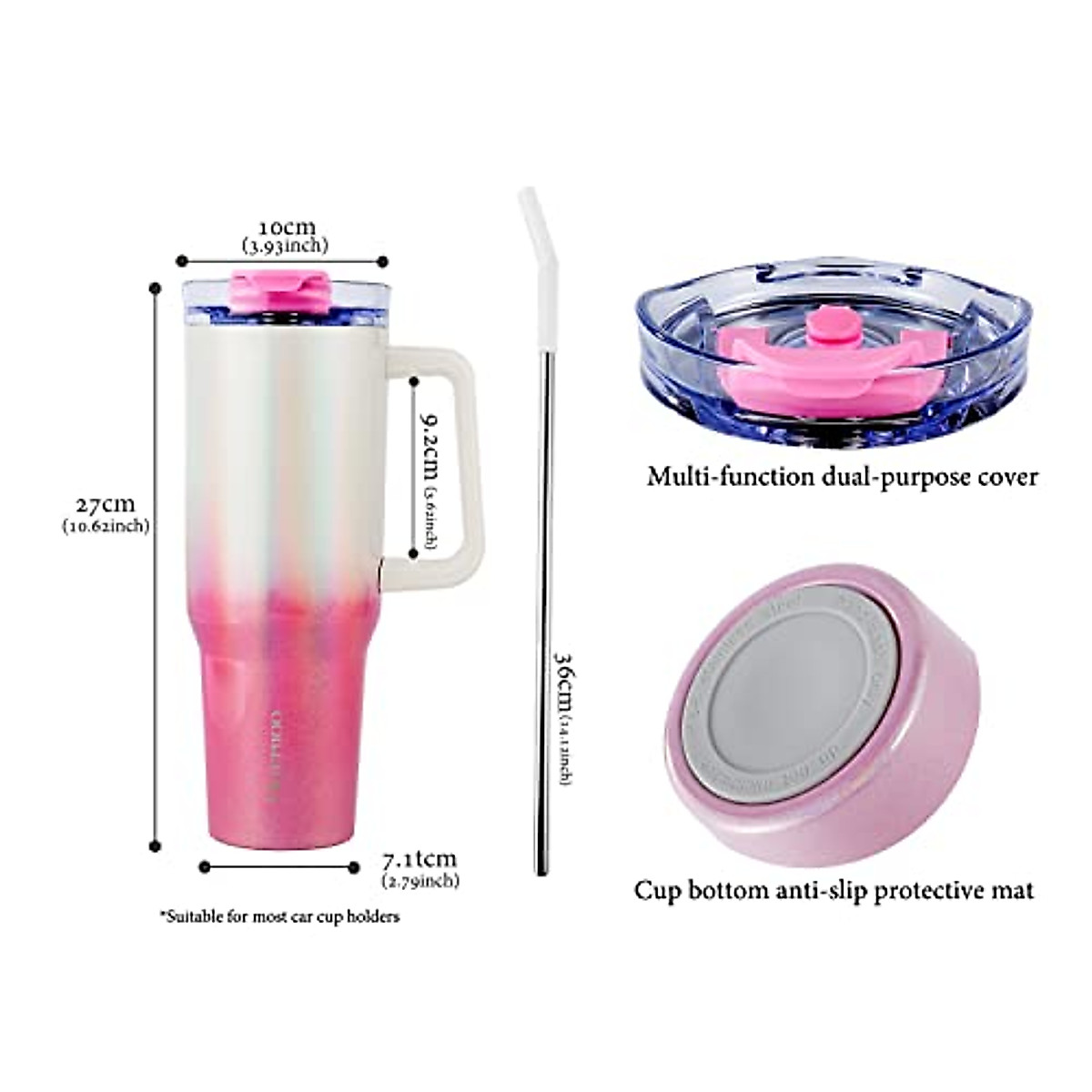 Murmioo 40OZ Tumbler with Handle and Straw,Insulated Leak Proof Double Walled Stainless Steel Travel Mug,Reusable Water Bottle Cup，keep Cold Ice，Hot water for Hours(Pink white gradient)