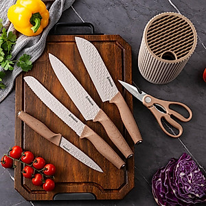 GOODA Kitchen Knife Set With Block,6-Piece Professional Chef Cooking Knives Set For Kitchen,Non-Stick Stainless Steel Knife Block Set (Khaki)