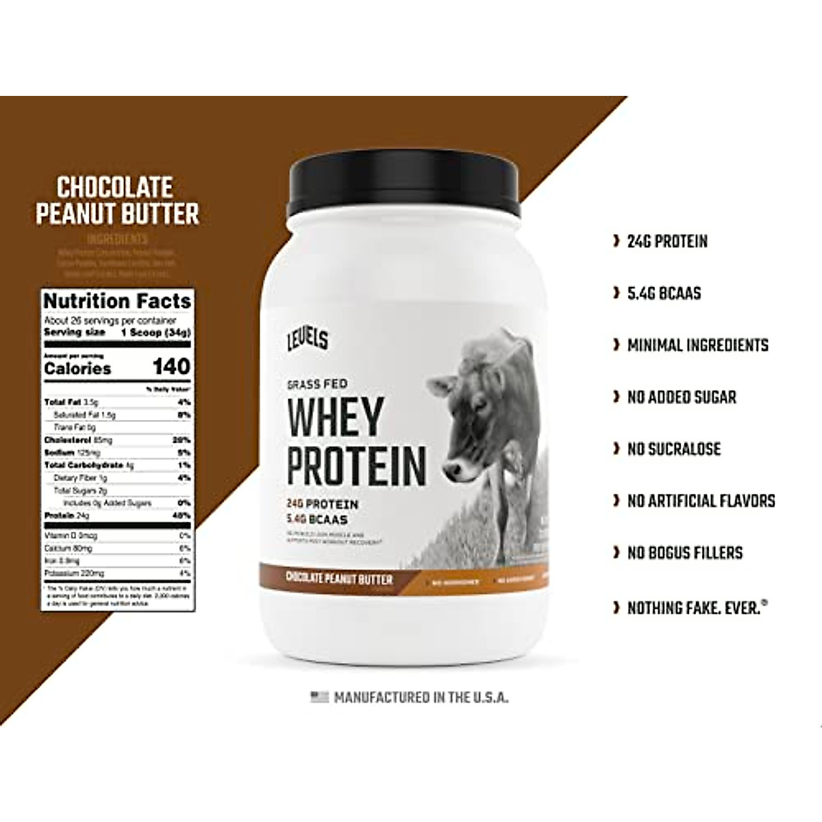 Levels Grass Fed 100% Whey Protein, No GMOs, Chocolate Peanut Butter, 2LB