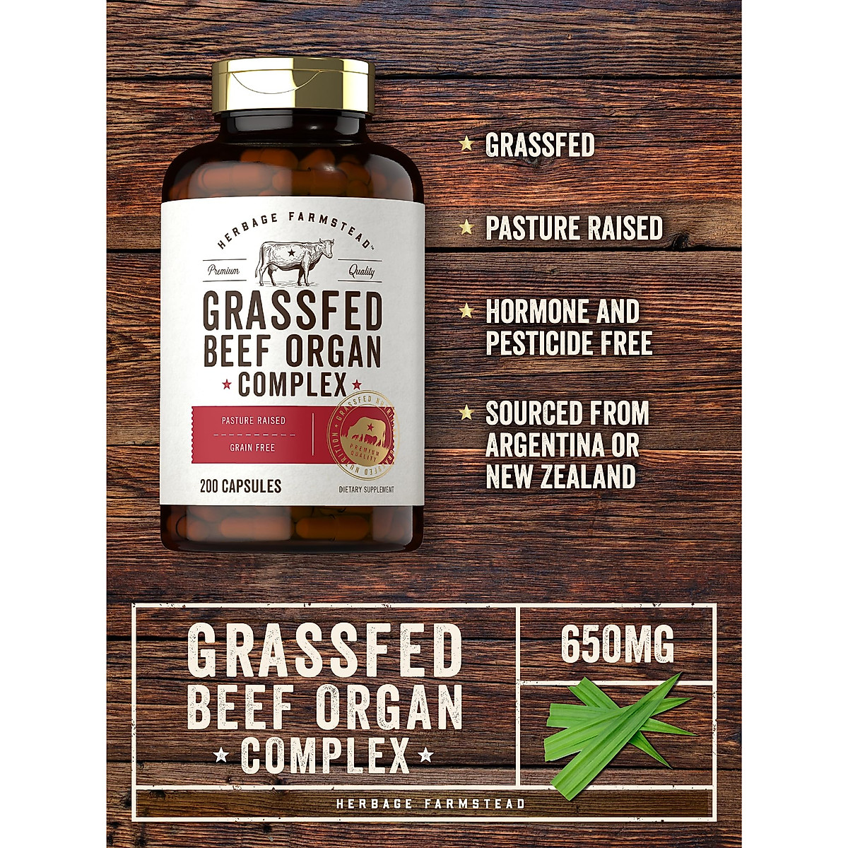 Carlyle Grass Fed Beef Organ Complex | 200 Capsules | Pasture Raised, Grain Free Supplement | with Desiccated Liver, Kidney, Pancreas, Heart, Spleen | Non-GMO, Gluten Free | by Herbage Farmstead