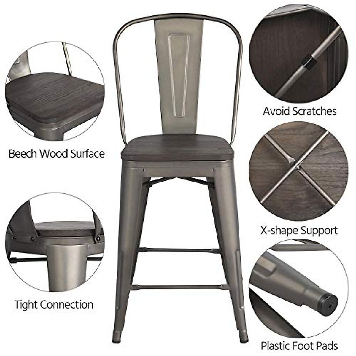 Topeakmart Set of 4 Gunmetal Wooden Seat 24 Inch Counter Height Metal Bar Stools Kitchen Chairs with High Back, Indoor/Outdoor