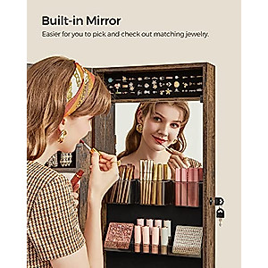SONGMICS Jewelry Cabinet Armoire, Wall/Door Mount Storage Organizer with Full-Length Mirror, Lockable Cabinet with Built-in Small Mirror, Shelves, Gift Idea, Rustic Brown UJJC003X01