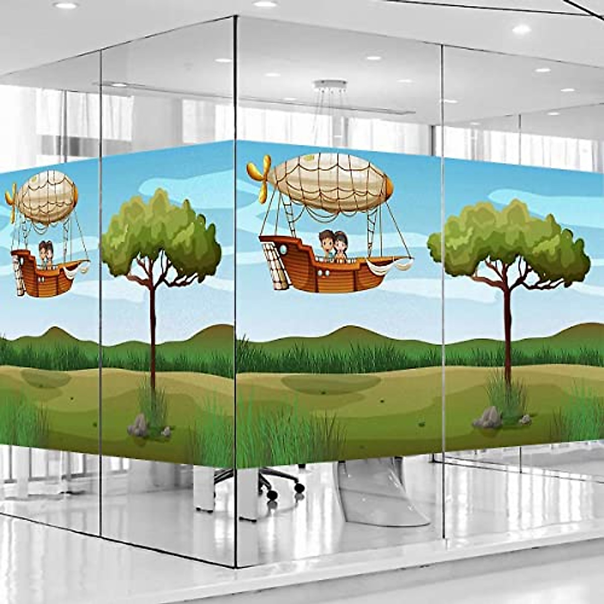 Blue Green Static Clung Window Film Frosted Stained Flower Glass Sticker for Privacy Explore Girl Boy New Adventures Hot Air Balloon Privacy Film 17.7Wx23.6L-inch x2 Pcs