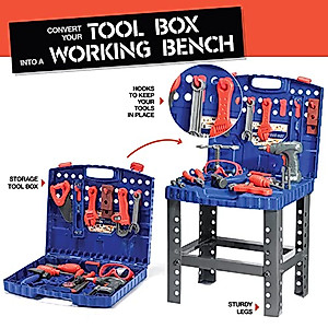 Play22 Kids Tool Set Bench 76 Pc - Toddler Tool Bench Set with Electronic Play Drill - STAM Educational Toy Pretend Play Construction Work Shop - Preschool Toy Gift for Kids Children Boys and Girls