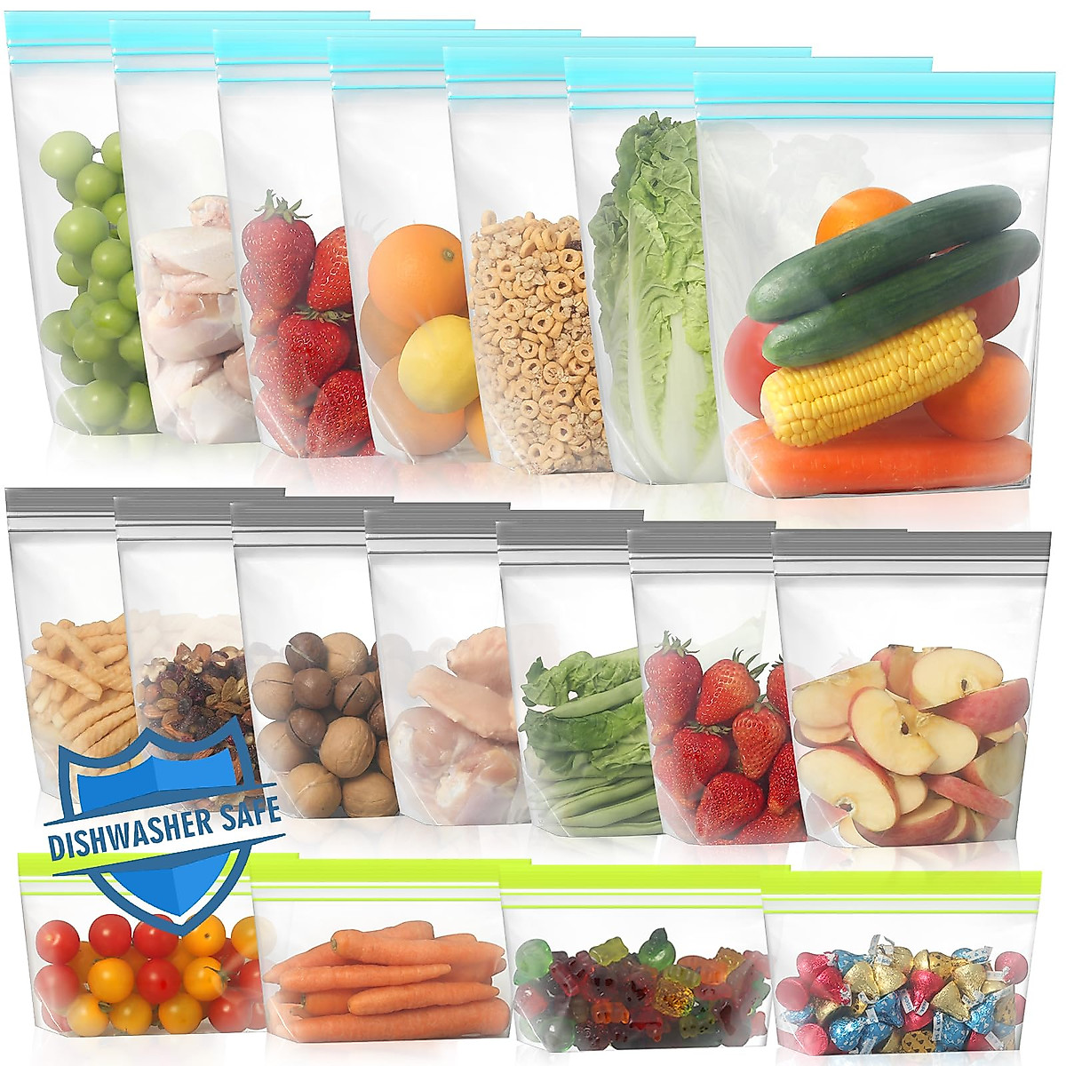 Lerine 18 Pack Reusable Freezer Bags Dishwasher Microwave Safe, Stand Up BPA Free Reusable Sandwich Bags, Silicone Free Leakproof Reusable Food Storage Bags for Meal Prep - 7Gallon 7Sandwich 4Snack