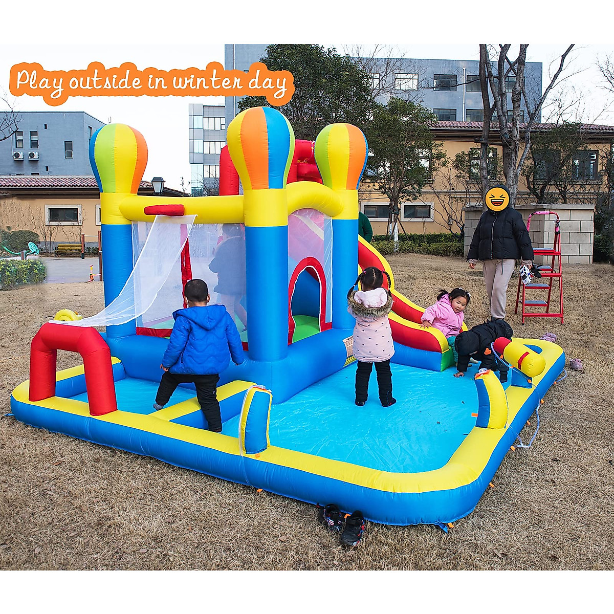 Baralir Inflatable Bounce House with Water Slide and Large Splash Pool, Bouncy Water Park with Surprise Dump Bucket, Water Sprayers, Water Cannon, 2 Pools and Ball Shooting Frame