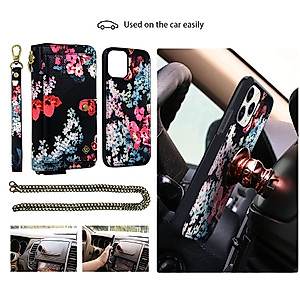 XGrand iPhone 13 Pro Max [3 in 1] Detachable Magnetic Zipper Purse Slots Money Pocket Clutch Crossbody Chain Wrist Strap Leather Wallet Cases - Black Floral