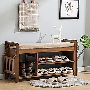 YUSING Bamboo Shoe Rack Bench with Removable Cushion, 2 Tier Entryway Shoe Storage Organizer Shelf with Hidden Drawer and Umbrella Stand for Bedroom, Living Room and Bathroom (Large)