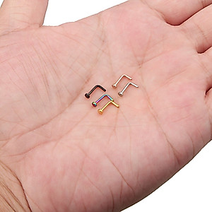 Ruifan 5PCS 18G Mix Color 316L Surgical Steel Nose L Shaped Studs Rings Curved Piercing Jewelry with 2.5mm Flat
