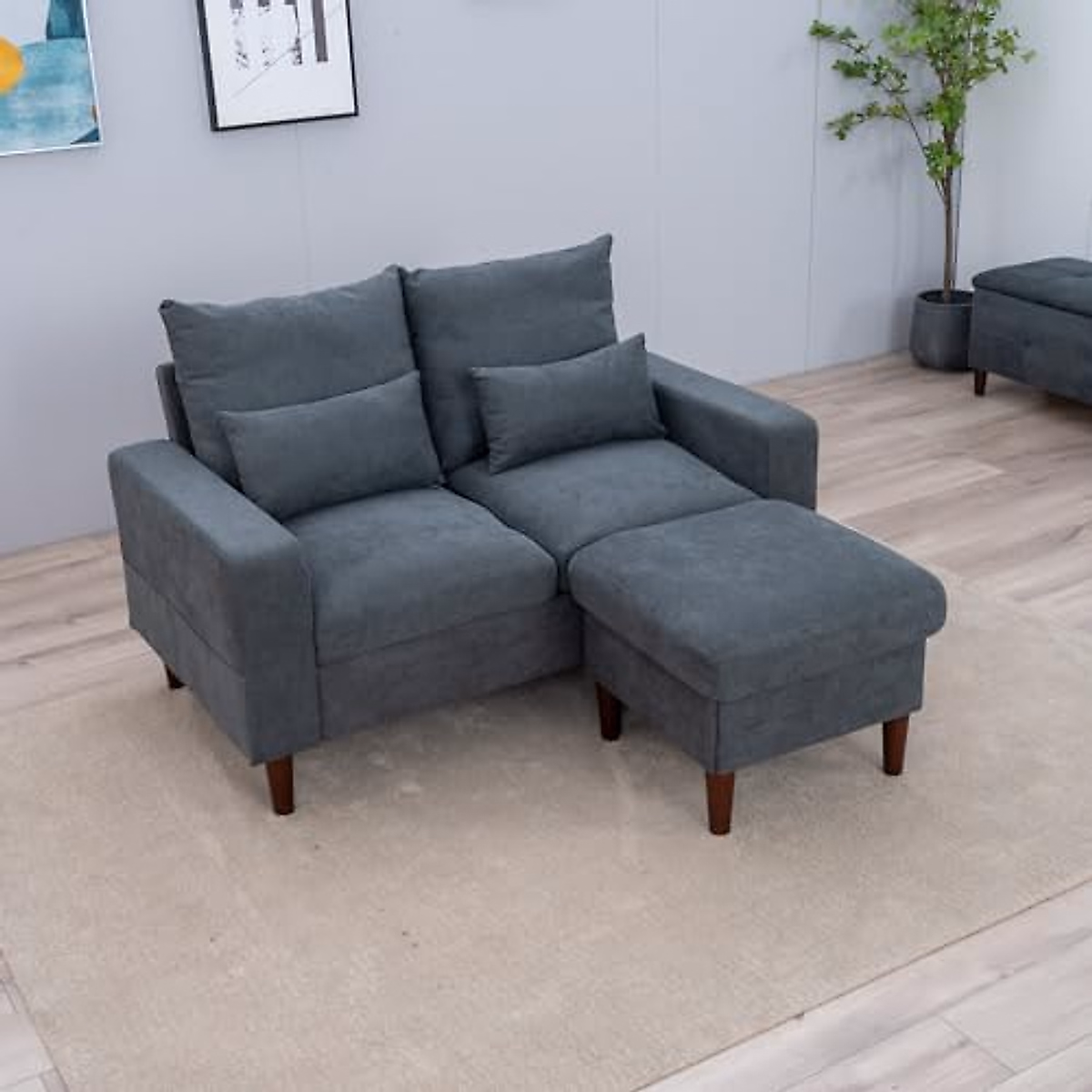 Panana 2 Seater Sofa with Footstool Compact Loveseat Couch Living Room Furniture with Armrest, Grey 2 Seater with Footstool