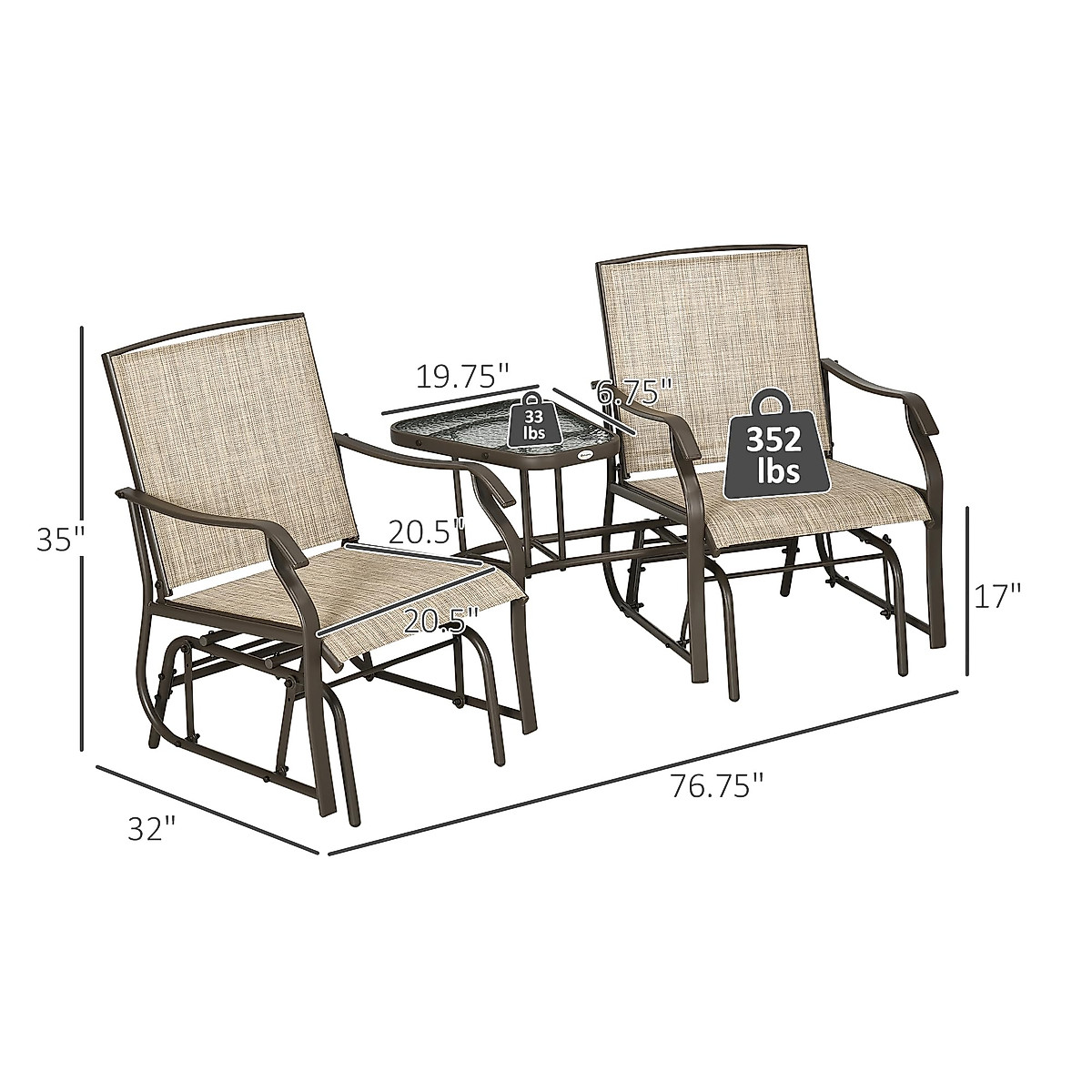 Outsunny Outdoor Glider Chairs with Coffee Table, Patio 2-Seat Rocking Chair Swing Loveseat with Breathable Sling for Backyard, Garden, and Porch, Light Brown