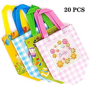 ANOTION Easter Gift Bags, 20 Packs Easter Bags for Kids Easter Treat Bags with Handle, Reusable Easter Goodie Bags Non-woven Rabbit Bunny Bag with 20 Tissue Papers for Easter Party Favors