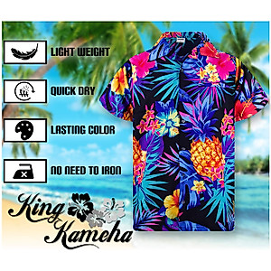 KING KAMEHA Men's Pineapple-Desings Summer-Party-Shirts Short-Sleeve, Pineapple, Black-Blue, XXL