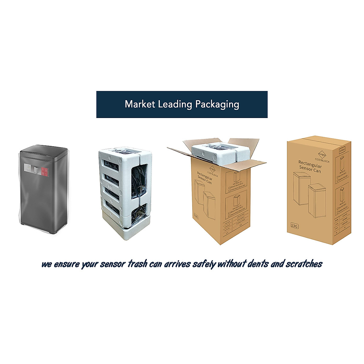 CozyBlock Automatic Trash Can for Kitchen, Black Steel Touchless Motion Sensor Bin, Wide Opening Soft Close Lid, LED Countdown Timer (13 Gallon)