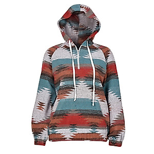 COWOKA Women's Aztec Print Pattern Western Ethnic Half Zip Long Sleeve Pullover Hoodie Sweatshirt Red L