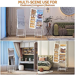 LVSOMT LED Jewelry Mirror Cabinet Armoire, Free Standing Full-Length Mirror with Jewelry Storage, Lockable Jewelry Storage Organizer, w/ 2 Drawers, Bottom Shelf, Built-in Lighted Makeup Mirror, White