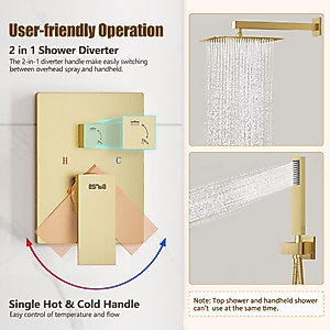 ESNBIA Gold Shower Head, Rainfall Shower System with 10 Inches Rain Shower Head, All Metal Shower Faucet Set with Shower Valve, Wall Mounted Shower Fixtures, Brushed Gold