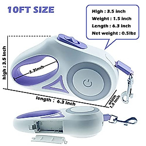 Dog Leash Retractable Dogs Leashes with Led Bright Flashlight Walking Leashes for Puppy Small Medium Dogs Leash One Handed Brake Free Movement One Button Disconnect and Lock(Purple(10FT)