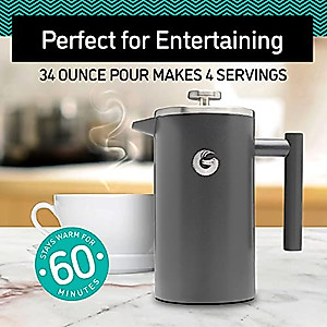 Coffee Gator French Press Coffee Maker - Thermal Insulated Brewer Plus Travel Jar - Large Capacity, Double Wall Stainless Steel - 34oz - Gray