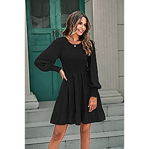 MEROKEETY Women's Fall Long Sleeve Crew Neck Smocked High Waist A Line Swing Mini Dress, Black, S