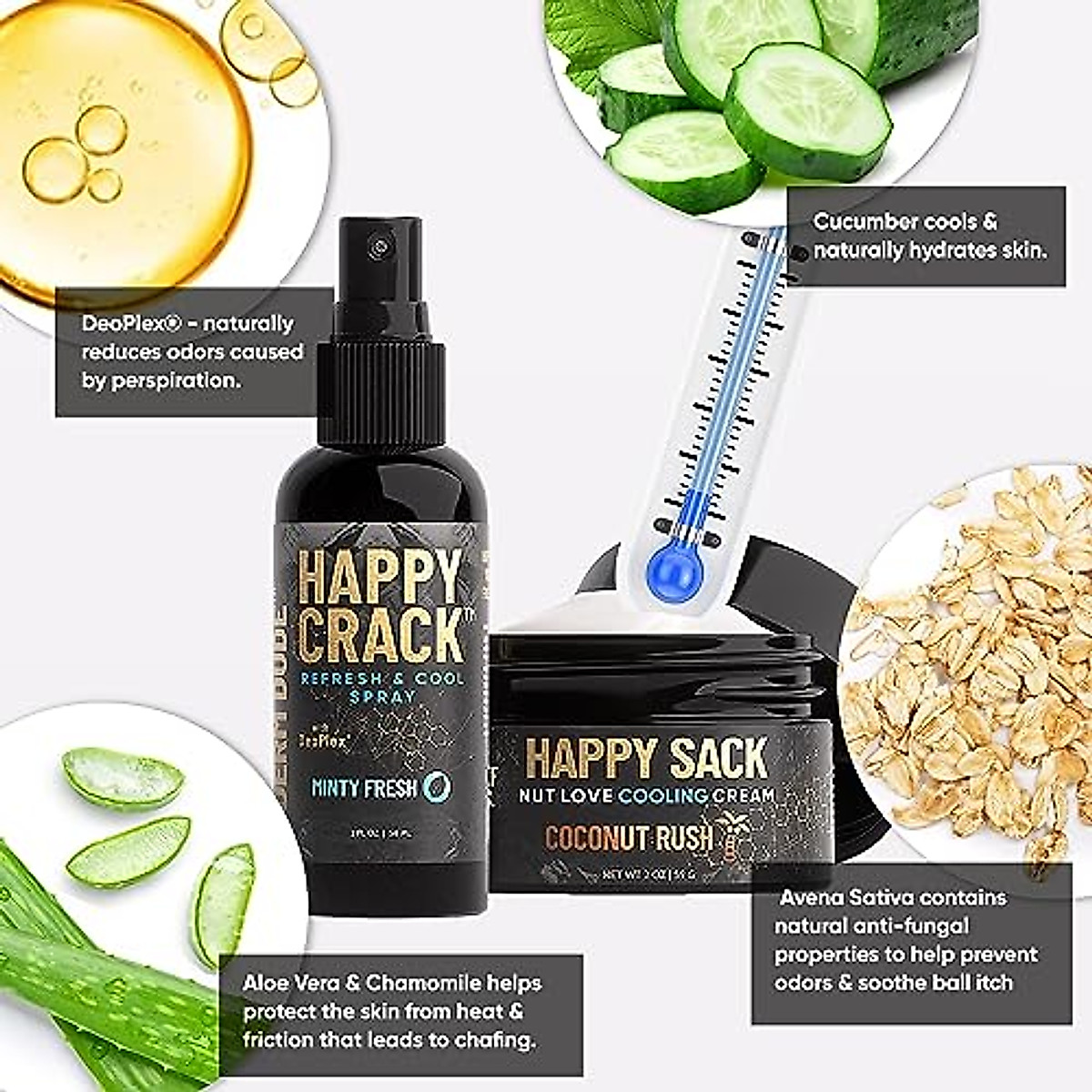 Derm Dude Power Pair Set | Happy Sack Ball Deodorant Anti Chafing Cream & Happy Crack Butt Spray | With All-Natural DeoPlex for Odor Control - Coconut Rush & Minty Fresh
