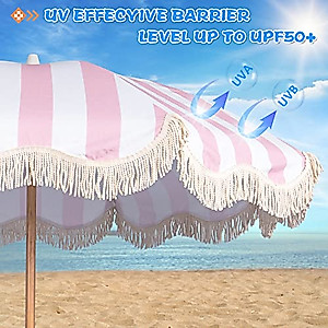 Funsite 6.5ft Boho Beach Umbrella with Fringe, UPF 50+ Tassel Umbrellas with Carry Bag, Premium Wood Pole Foldable Patio Umbrella for Outdoor Holiday Garden Lawn Pool Yard Table, Pink Stripe