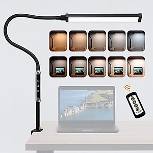 Kiyoraito LED Desk Lamp for Home Office, Modern Gooseneck Desk Light with Clamp, Dimmable Reading Lamp with Remote Control for Dorm, Adjustable Color Temperature & Brightness, 12W, (Black)