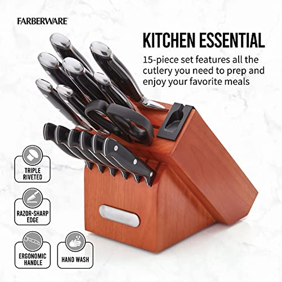 Farberware Edgekeeper Professional 15-piece Forged Triple Riveted Knife Block Set with Built-in Edgekeeper, Black