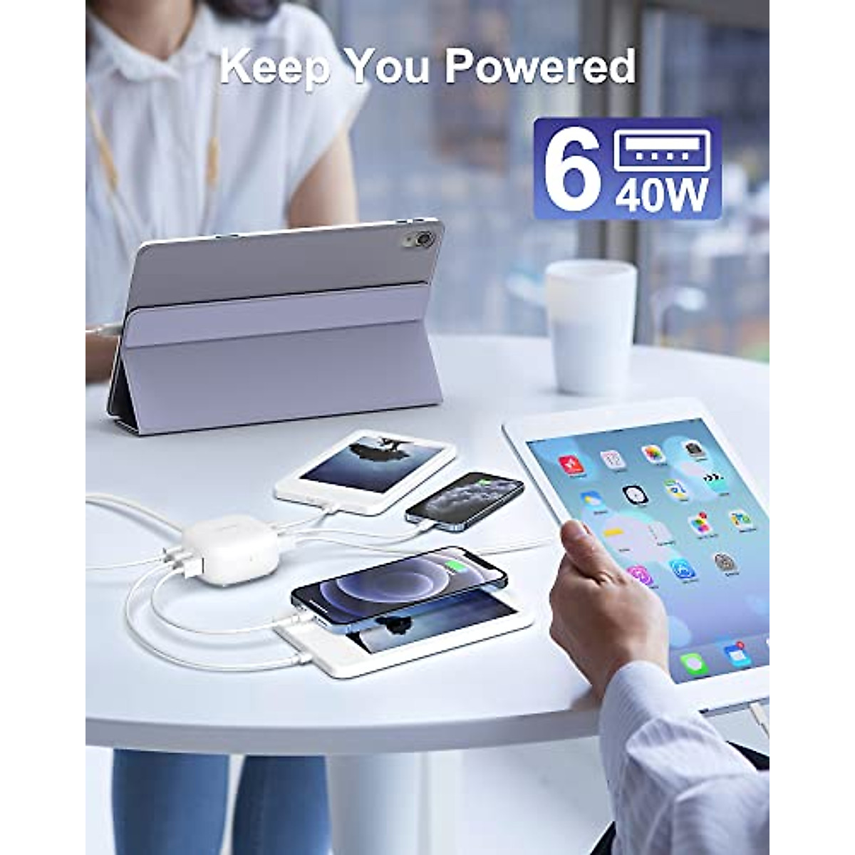 SUPERDANNY 6-Port USB Charger, 40W 8A Mini USB Charging Station, Charging Station for Multiple Devices, 4ft Cable, Compatible with iPhone, iPad, Galaxy, Pixel, for Travel, Cruise, White