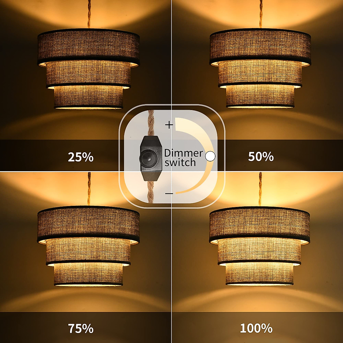 XININSUN 3-Tier Drum Plug in Pendant Light,Hanging Lamp with Dimmable Switch 15ft Hemp Rope Cord, Hanging Lights Fixture with Plug in Cord Plug in Chandelier for Bedroom Dining Room Entryway...